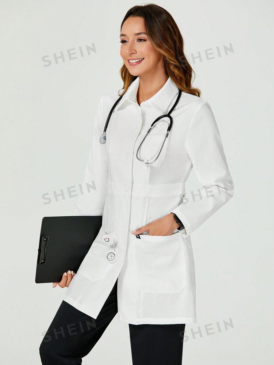 SHEIN TaskFit Frosted Nurse Uniform With Contrasting White Coat Long ...
