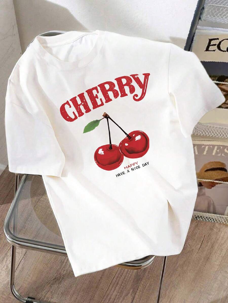 SHEIN Tween Girls Cherry Y2K Style Casual Fruit Print Short Sleeve T ...