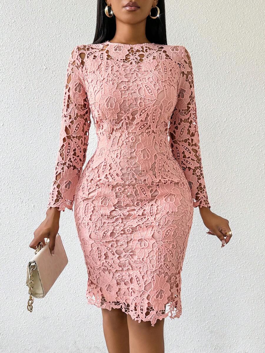 SHEIN Lady Four Seasons Wedding Guest Dress Elegant Party Pink Lace ...