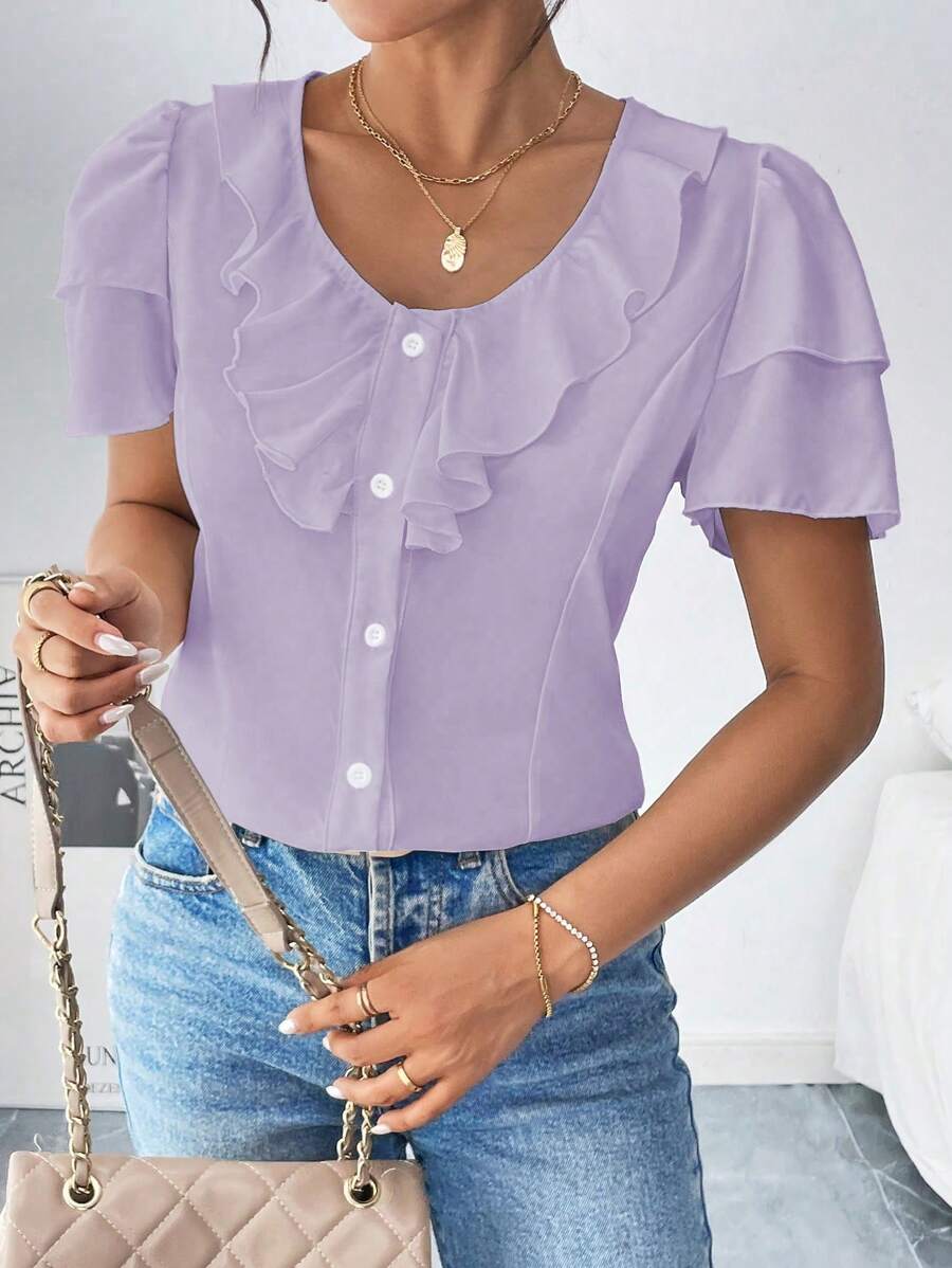 Chiquease Women Solid Color Ruffle Trim Puff Sleeve Elegant Blouse, Summer | SHEIN USA