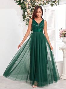V-Ausschnitt Mesh A-Linie Abendkleid, Brautjungfernkleid, Hochzeitsgast ...