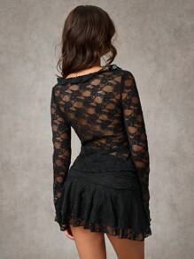 Black Sexy Lace Sweet Ruffled Front Straps See-Through Top For Women ...