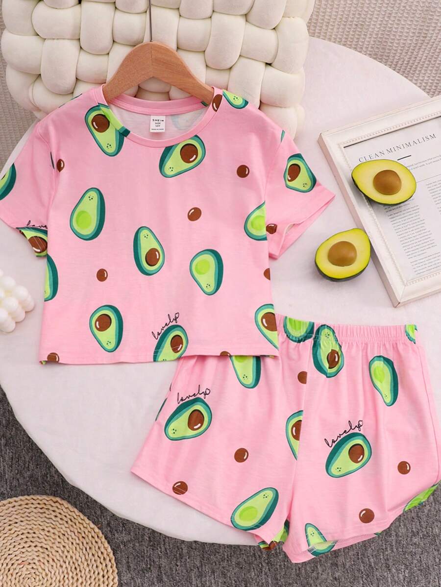 SHEIN Tween Girls' Casual Avocado Print Short Sleeve & Shorts Knit ...