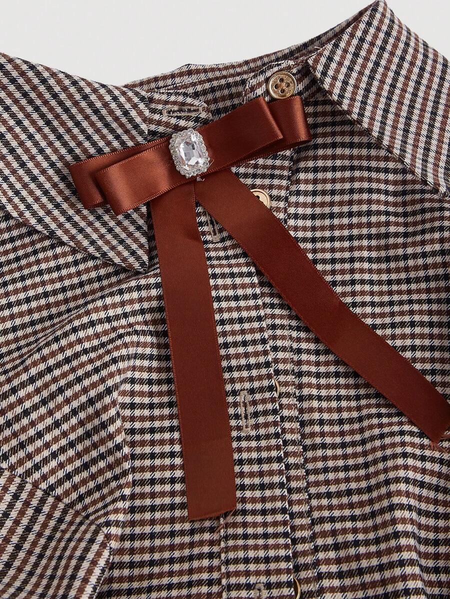 SHEIN MOD Brązowa koszula w kratę damska z kokardą, sukienki z długim ...