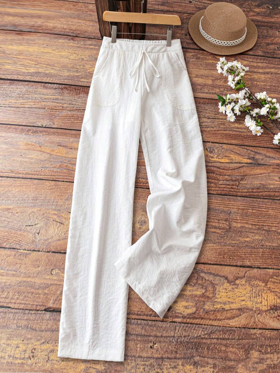 SHEIN Relaxiva Women's White Linen Pocket Casual Pants, Spring/Summer ...