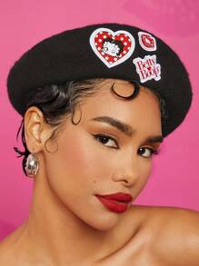 Betty Boop x SHEIN Boina retro negra a la moda con bordado de espiga ...