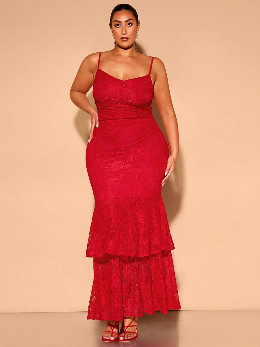 SHEIN BAE Plus Size Red Lace Fishtail Tiered Ruffle Gathered Spaghetti ...
