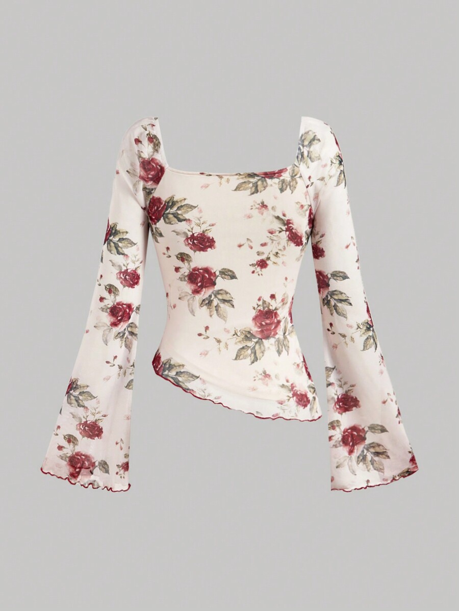 SHEIN MOD Elegant Floral Bowknot Tie Flared Sleeve T-Shirt, Summer/Fall ...