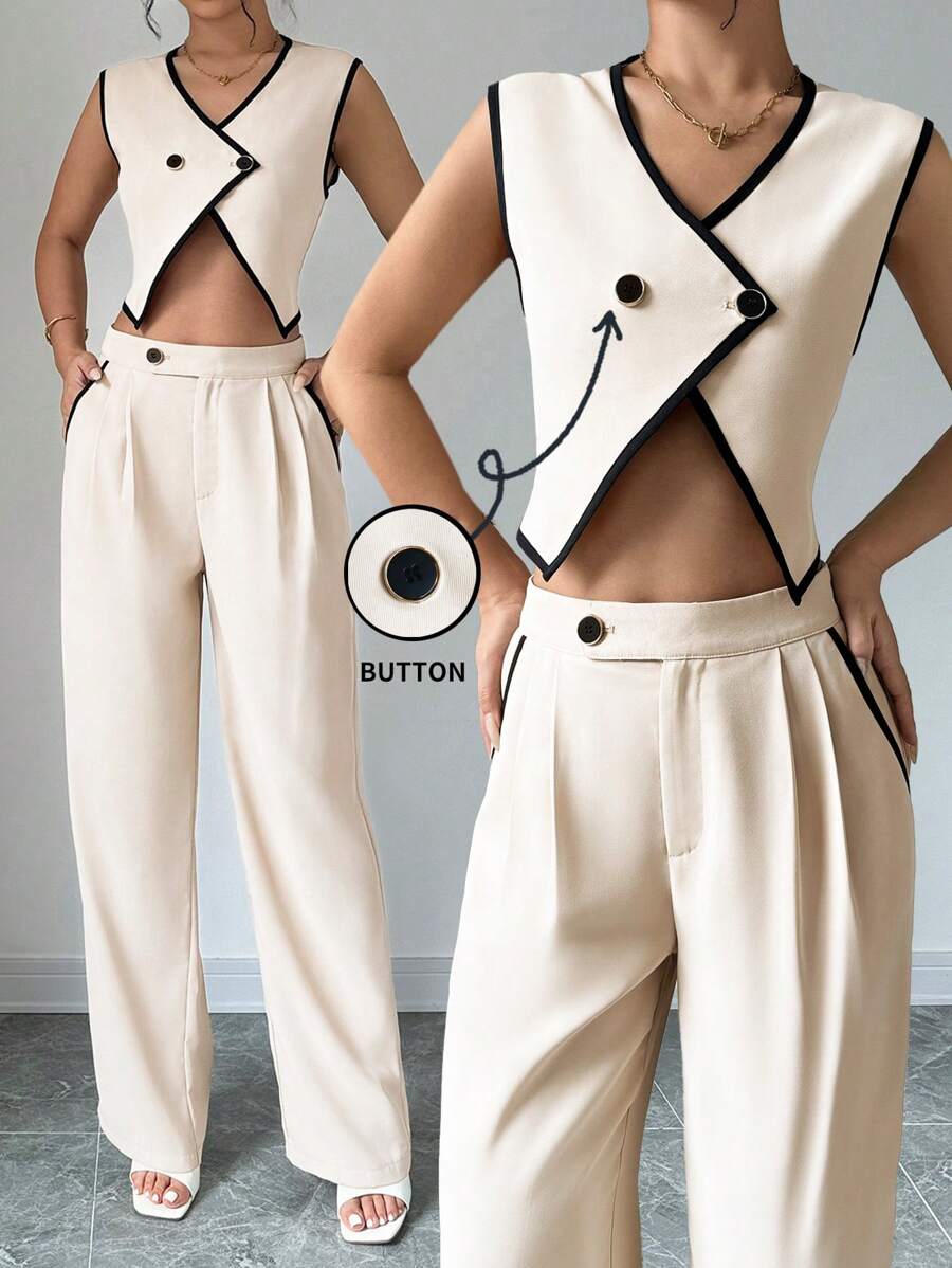 Elenzga Women's Elegant Color Block Blazer Vest + Women's Elegant Wide ...