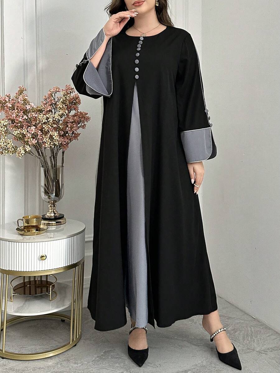 Al Najma Vestido Abaya de Estilo Árabe com Decor de Botão em Contraste ...