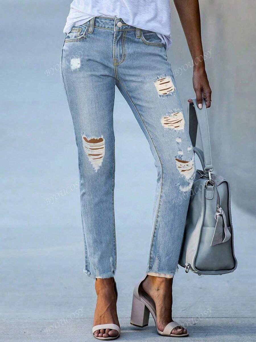 Ripped Raw Hem Jeans | SHEIN USA