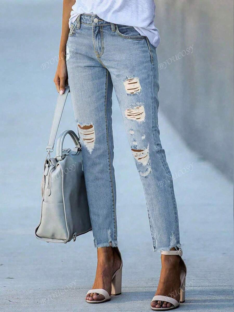 Ripped Raw Hem Jeans | SHEIN USA