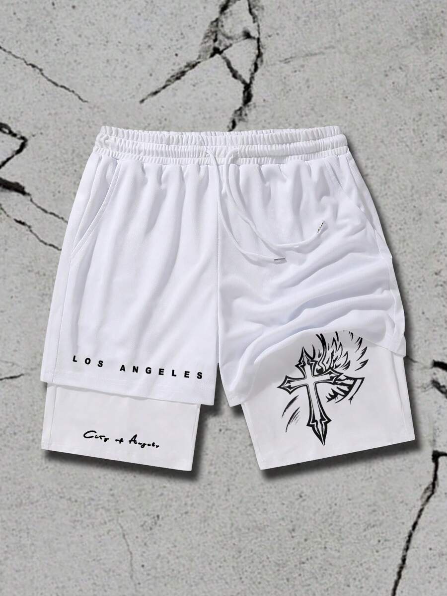 Manfinity EMRG Letter & Cross Print Drawstring Summer Double Layer Shorts | SHEIN USA