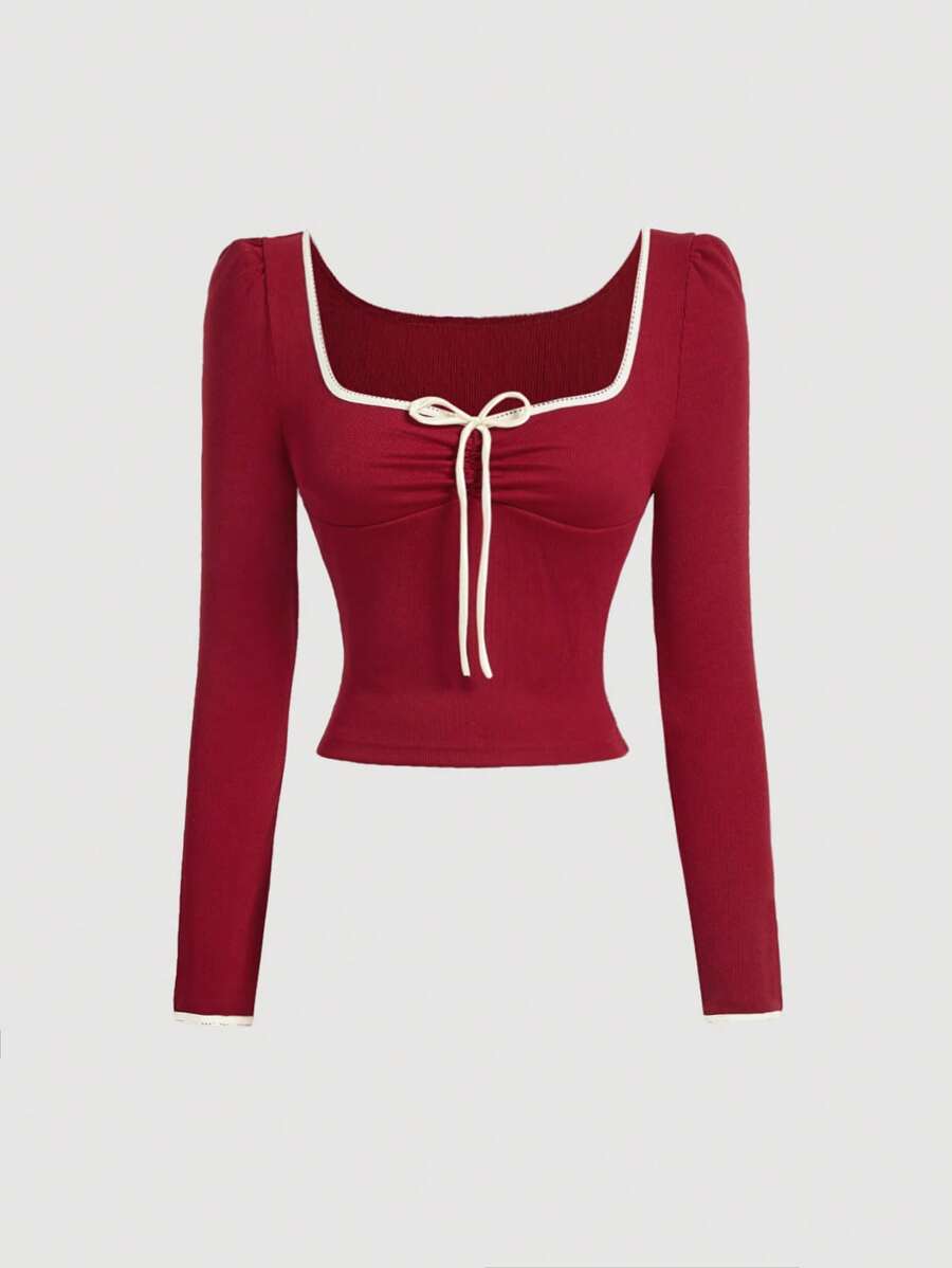 SHEIN MOD Tomato Girl Fall Long Sleeve Women Tops With Contrasting Edge ...