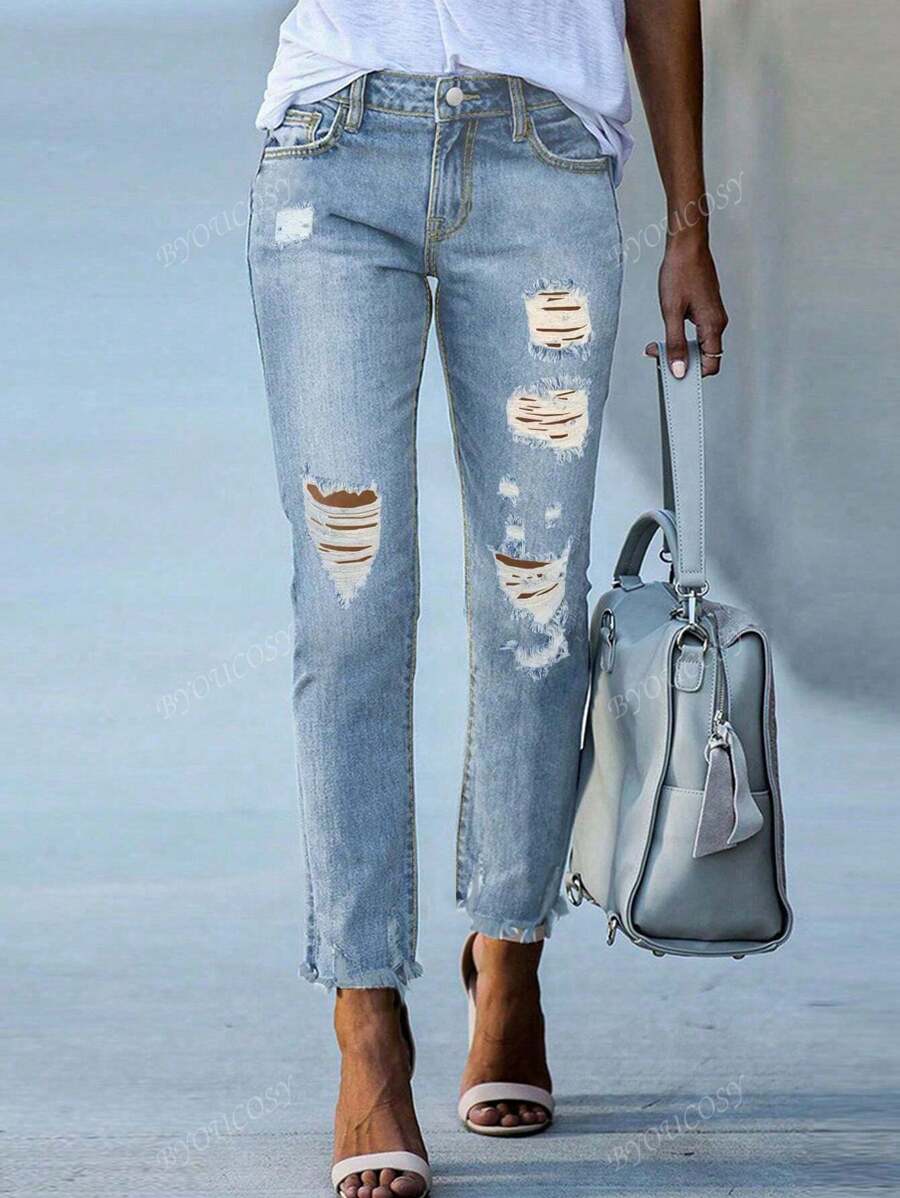 Ripped Raw Hem Jeans | SHEIN USA
