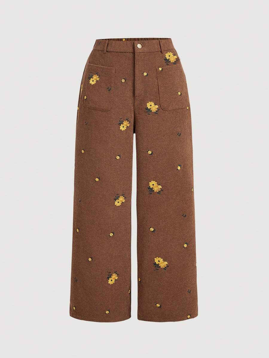 SHEIN MOD Plus Size Vintage Brown Ribbed & Ditsy Floral Loose Wide Leg ...