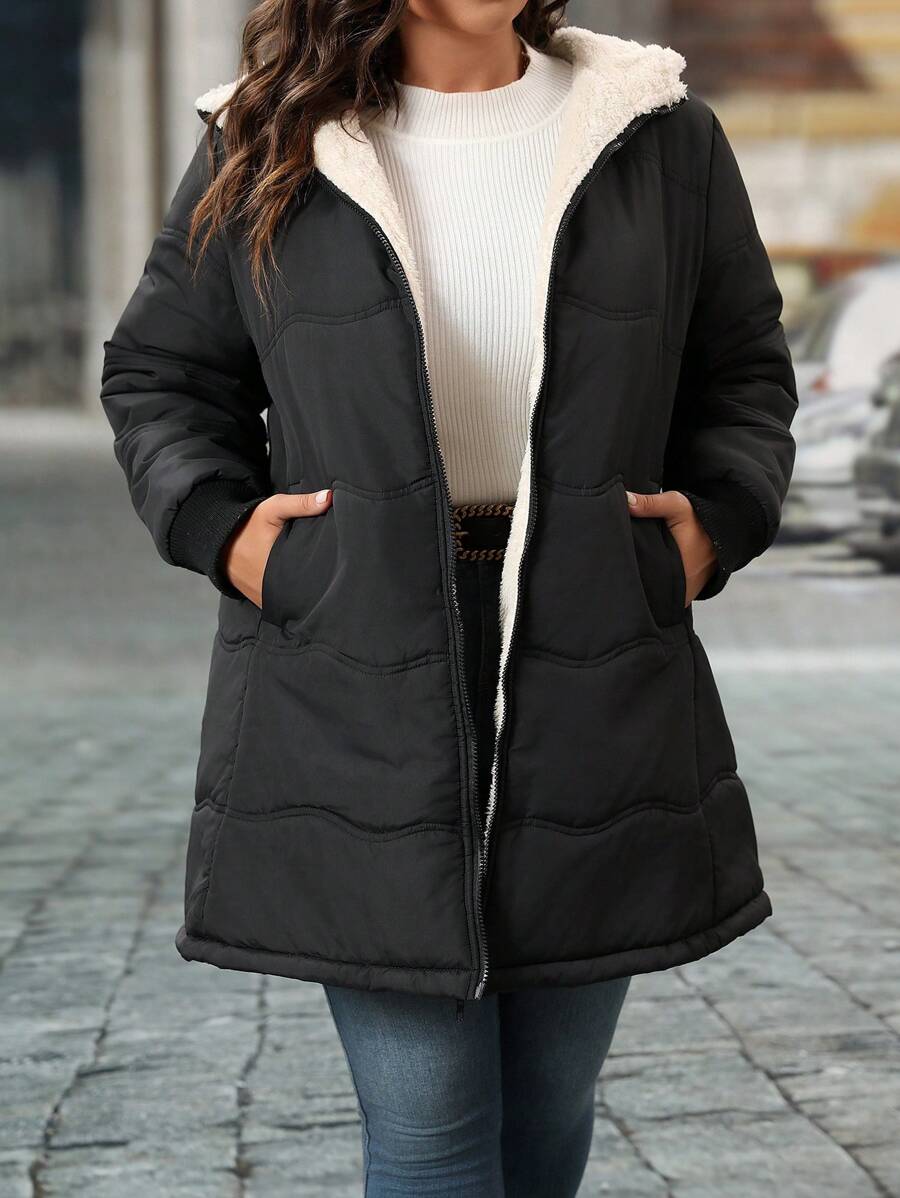 SHEIN LUNE Plus Size Front Zip-Up Long Sleeve Minimalist Hooded Padded Coat, Casual Daily Wear ...