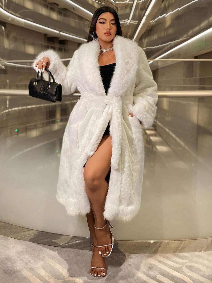 SHEIN Allurite Plus Size Women's Faux Fur Long Coat With Waist Belt, Warm And Cozy | SHEIN USA