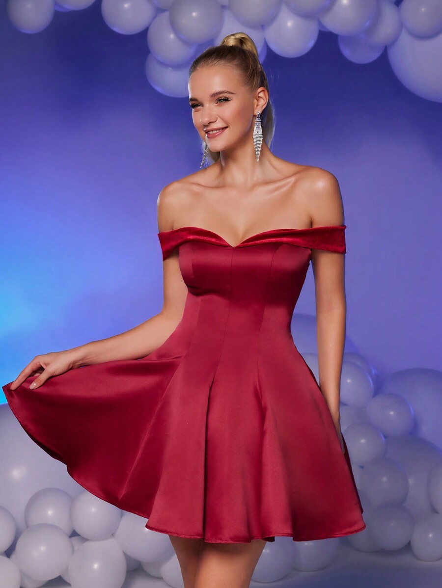 SHEIN Belle Elegant Luxury Red Off-Shoulder & Satin Patchwork Dress ...