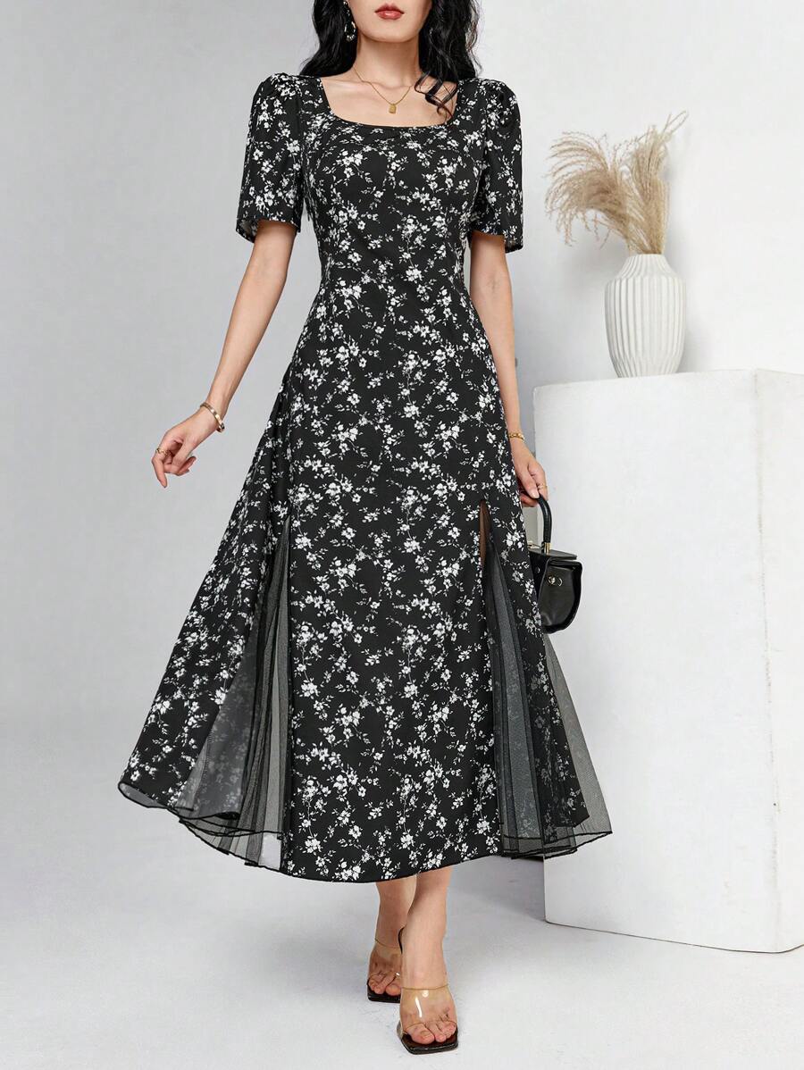 Modelyn Women's Ditsy Floral Puff Sleeve Dress With Square Neckline ...