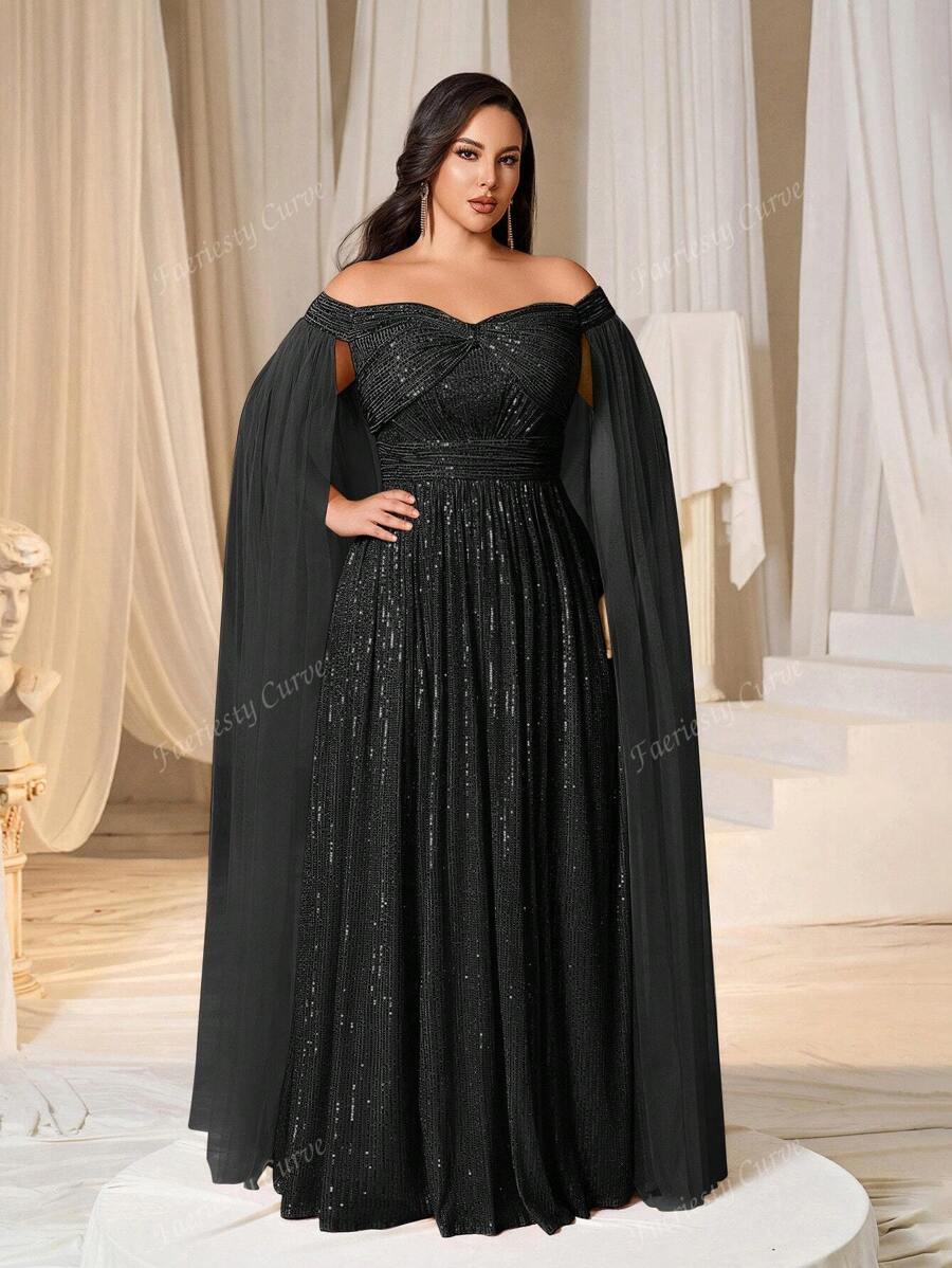 Plus Off Shoulder Cape Sleeves Sequin Formal Prom Dress for Sale ...