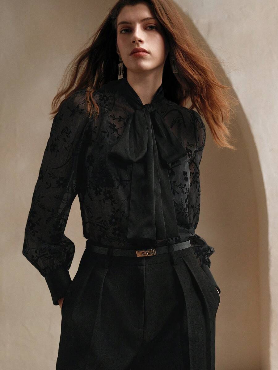 Anewsta Luxurious Elegant Commuter Sheer Bow-Tie Long Sleeve Blouse Women Shirt | SHEIN USA