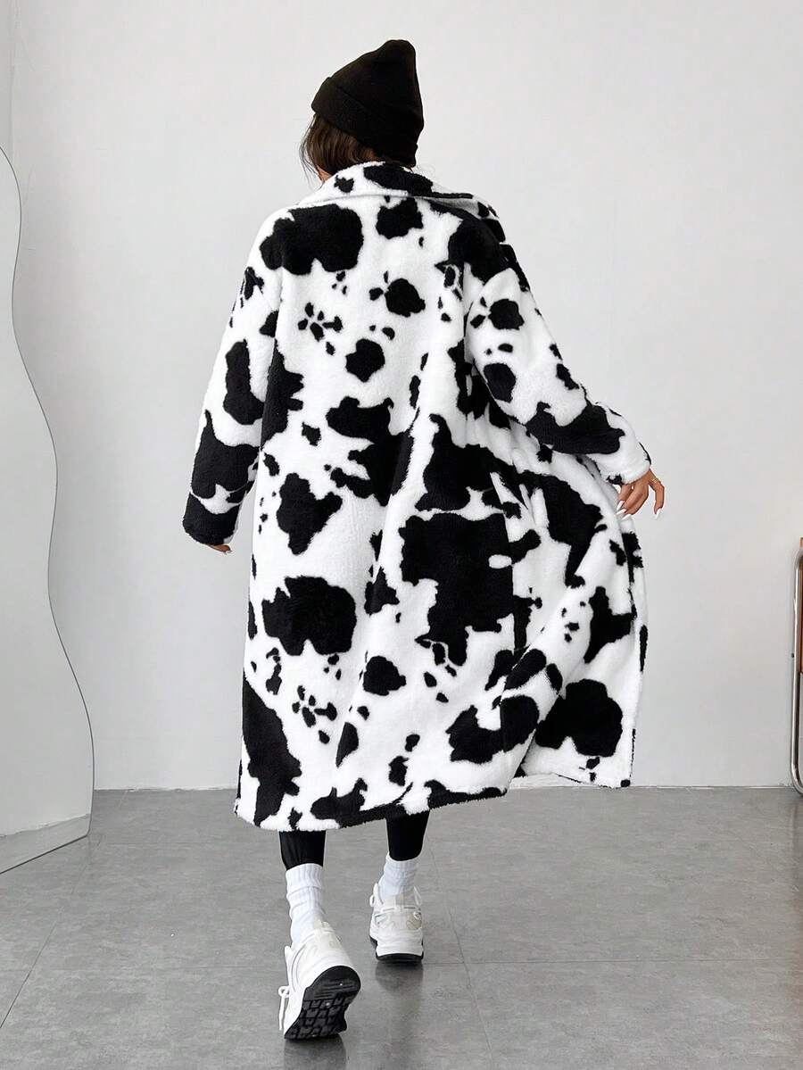SHEIN EZwear Plus Size Women Warm Black & White Cow Pattern Fluffy Fuzzy Teddy Coat, Cold ...