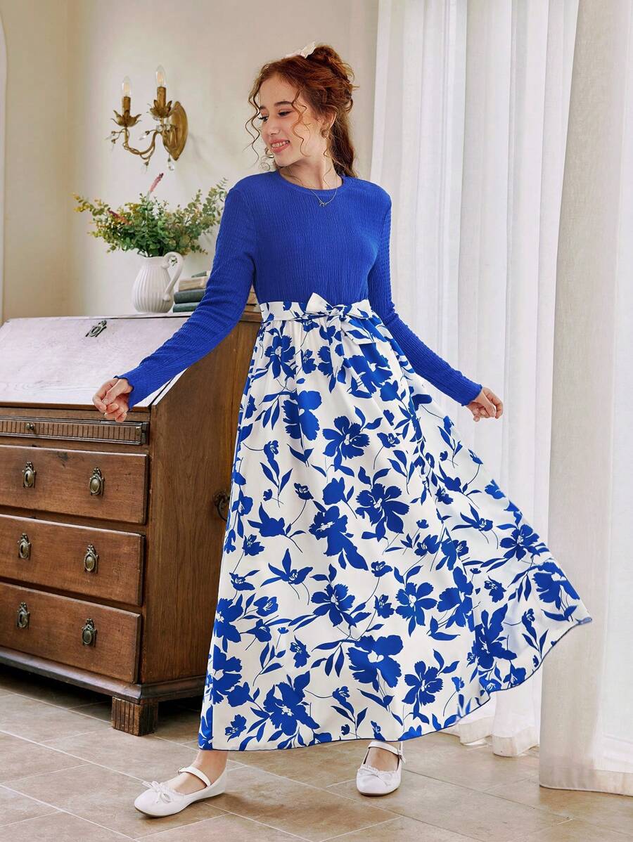 Teenage Girls' Elegant Contrast Color Print Dress, Vacation Circular ...