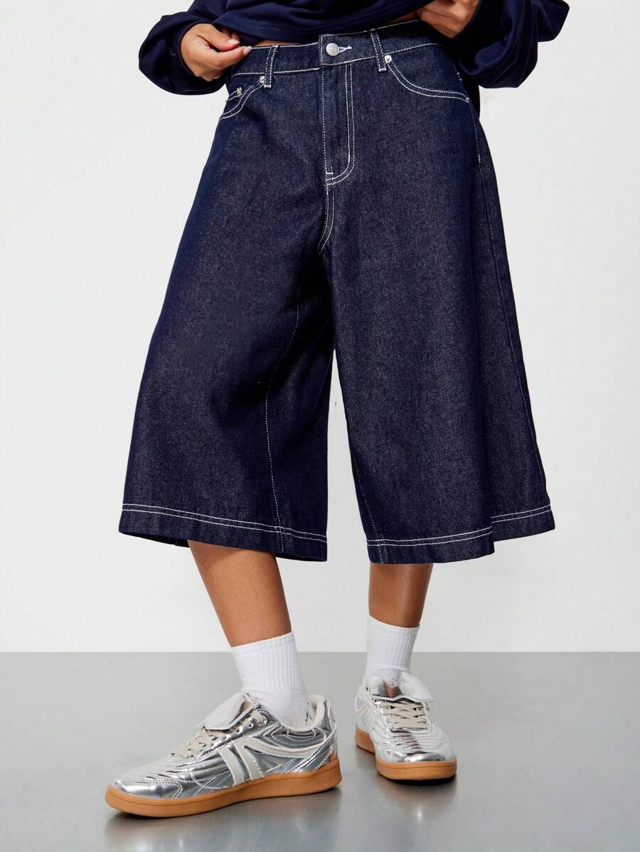 SUMWON WOMEN Wide Leg Small Embroidery Denim Jorts With Contrast ...