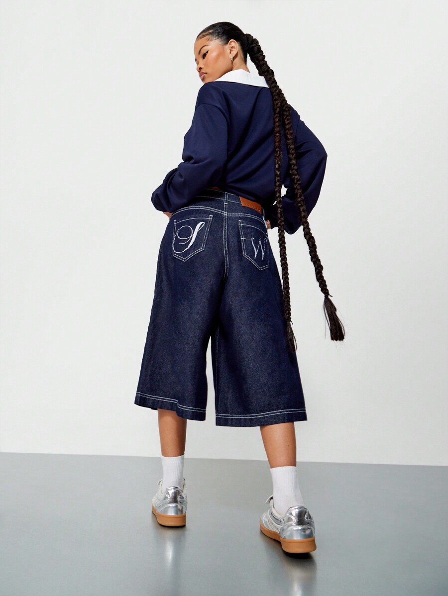 SUMWON WOMEN Wide Leg Small Embroidery Denim Jorts With Contrast ...