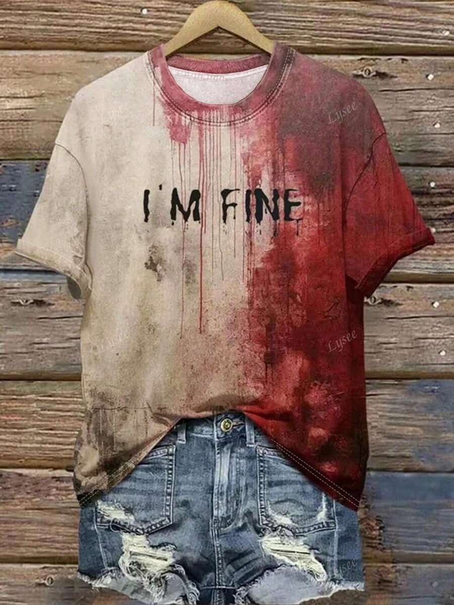 Bloody Print Design Round Neck Short Sleeve Casual T-Shirt For Women ...