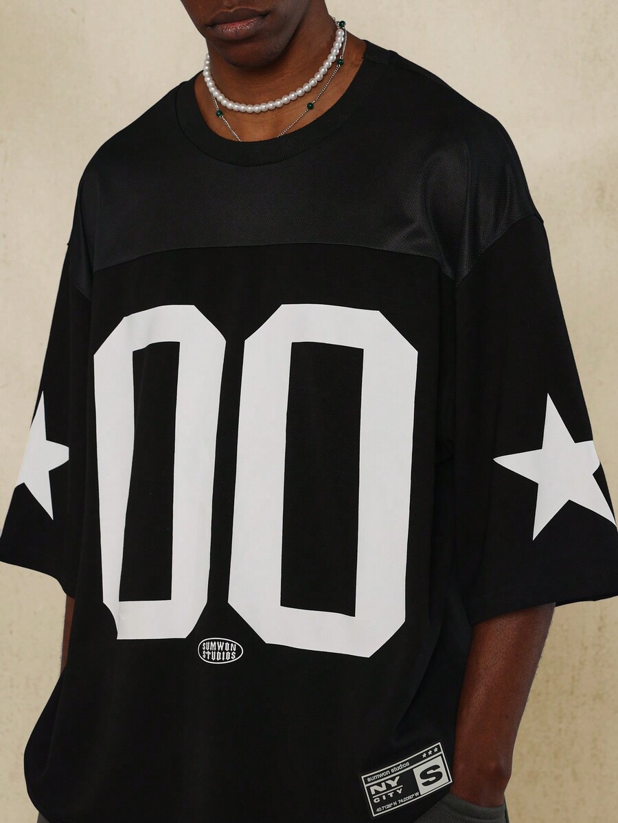 SUMWON Oversized Fit Elbow Sleeve Baller Tee With Star & Number Graphic ...