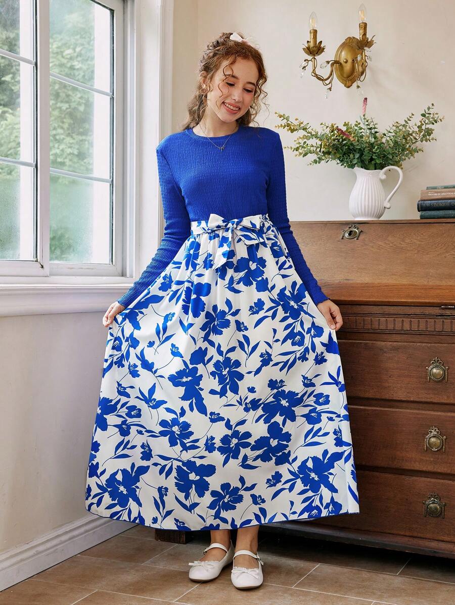 Teenage Girls' Elegant Contrast Color Print Dress, Vacation Circular ...