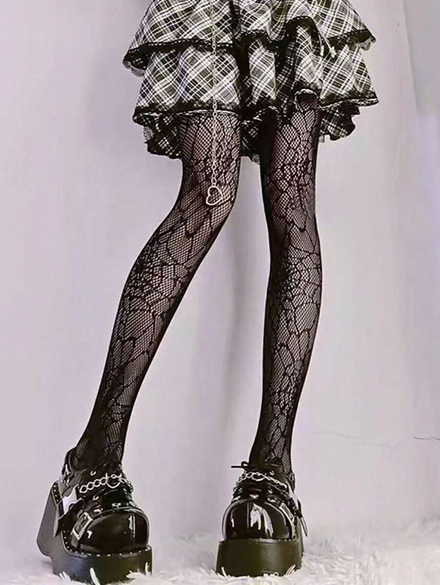 1 Pair Black Halloween Spider Web Fishnet Stockings, Women's Thin Lace ...