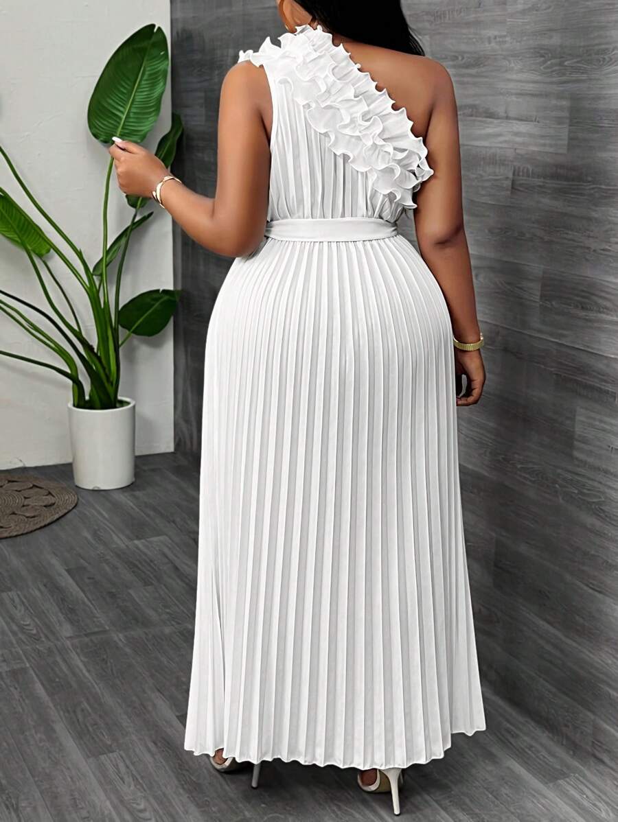 Slaydiva Plus Size Elegant Banquet Asymmetrical Shoulder Ruffle Waist Pleated Apricot Summer ...