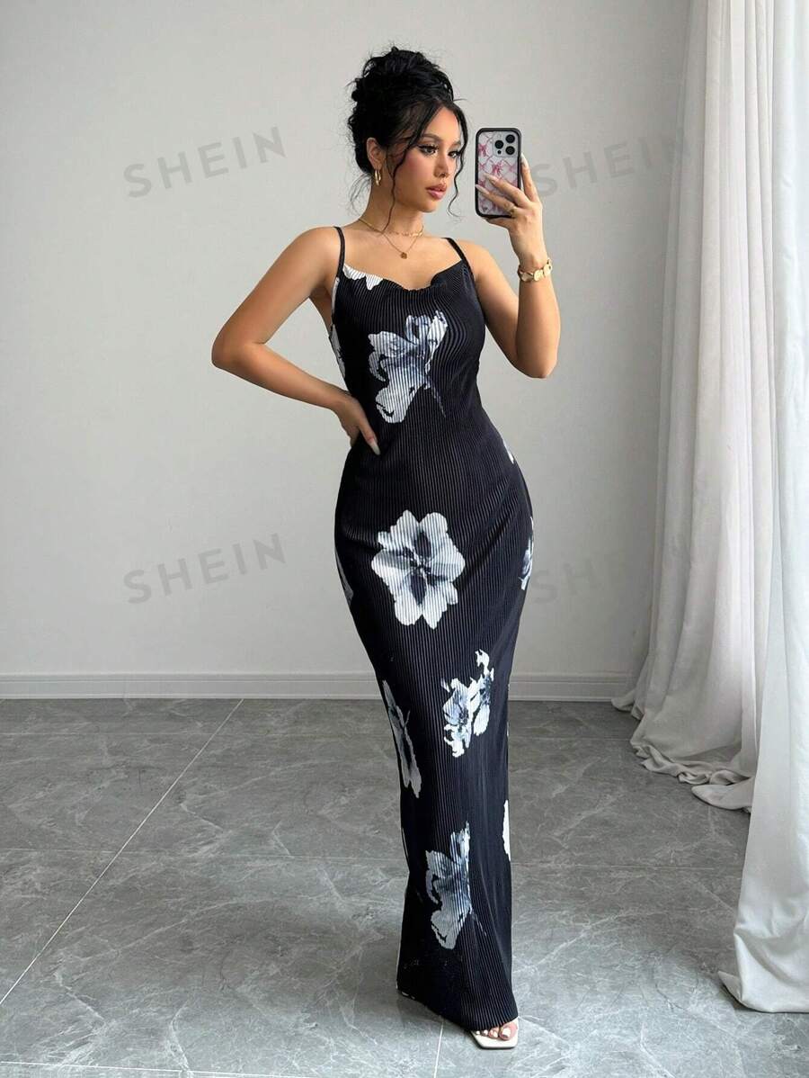 SHEIN Aloruh Vestido Sem Mangas com Estampa Floral e Detalhes Plissados, Vestido Longo Preto ...