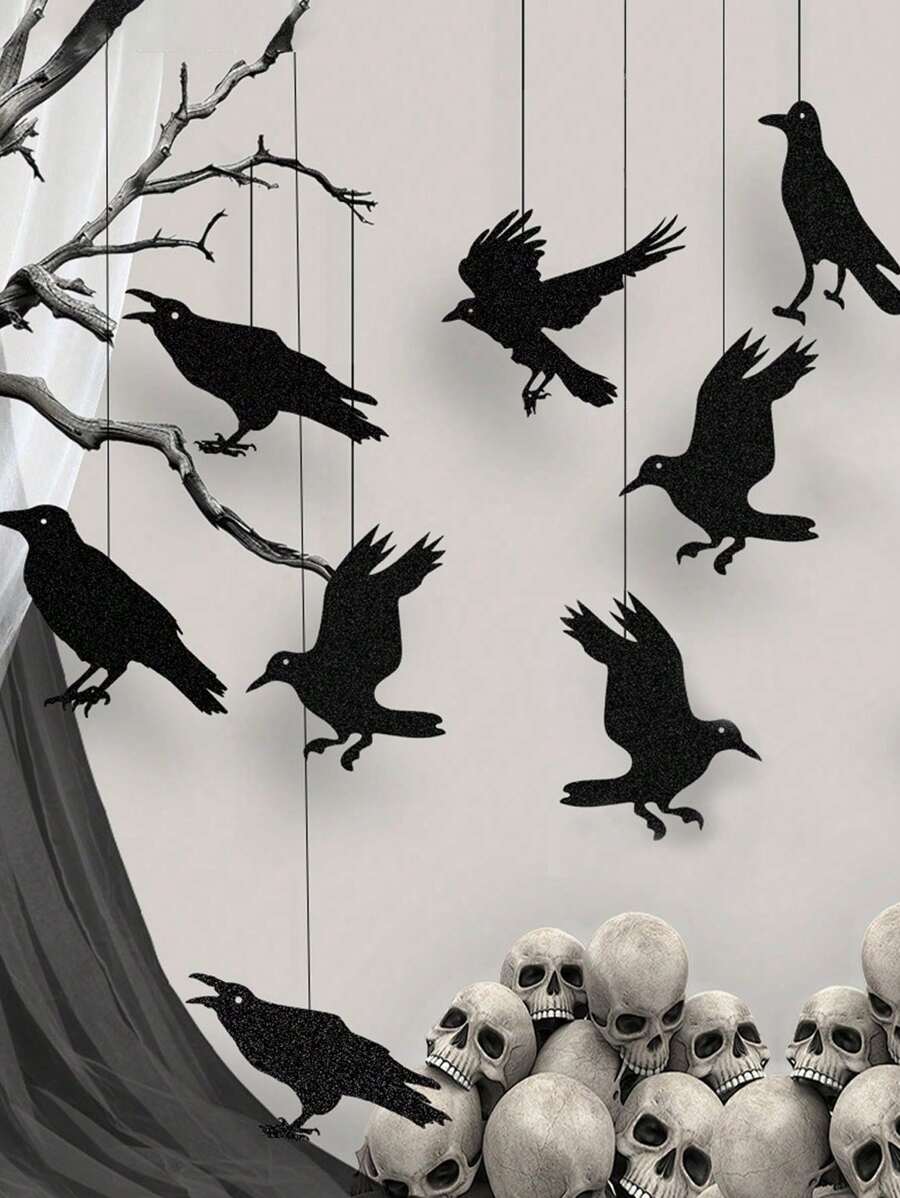 9pcs-Black Crow Bird Cage Garlands Banner, Halloween Pendant Party ...