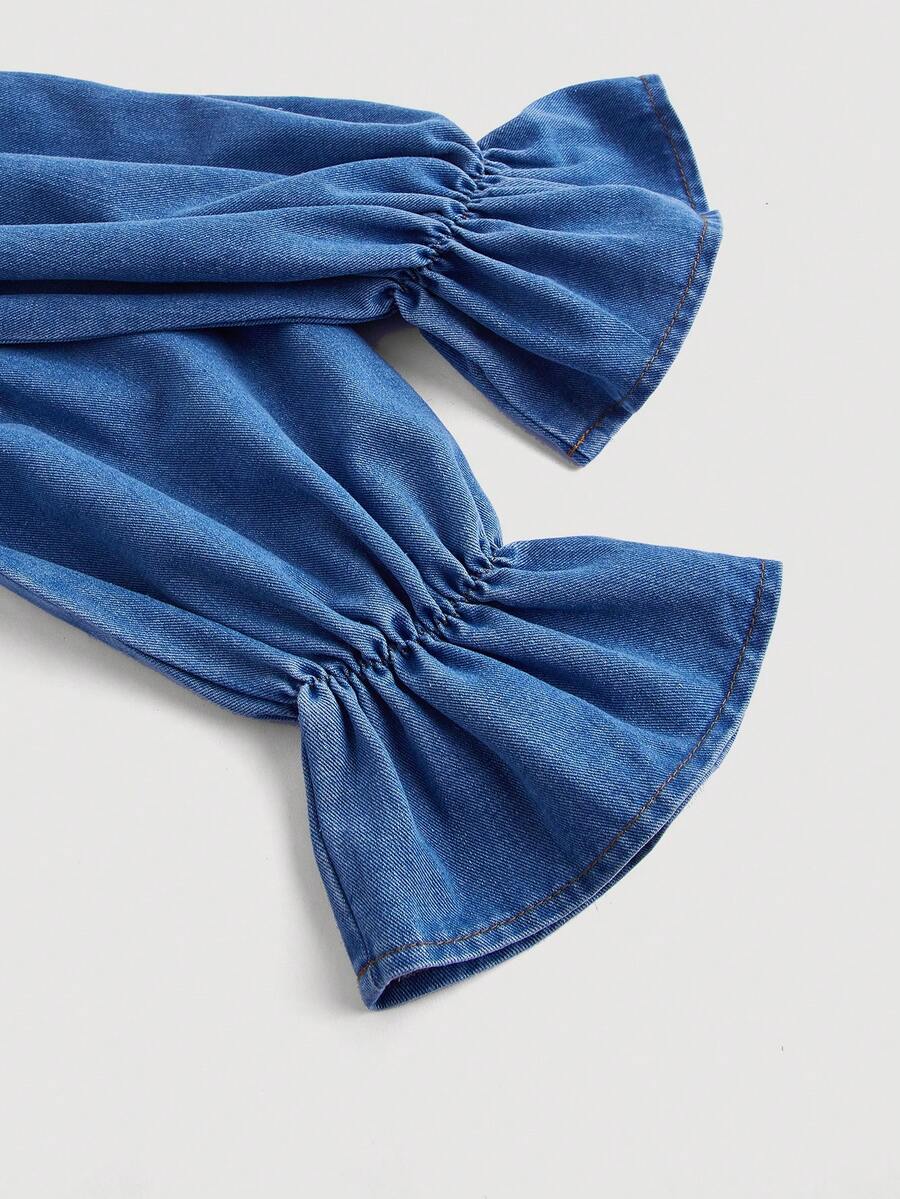 SHEIN MOD Plus Size Denim Top With Puff Sleeves And Bow Tie Detail ...