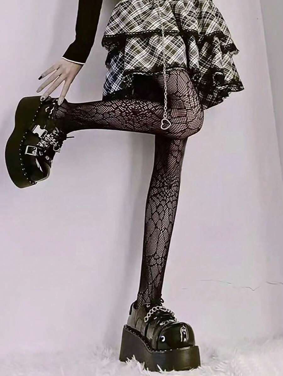 1 Pair Black Halloween Spider Web Fishnet Stockings, Women's Thin Lace ...