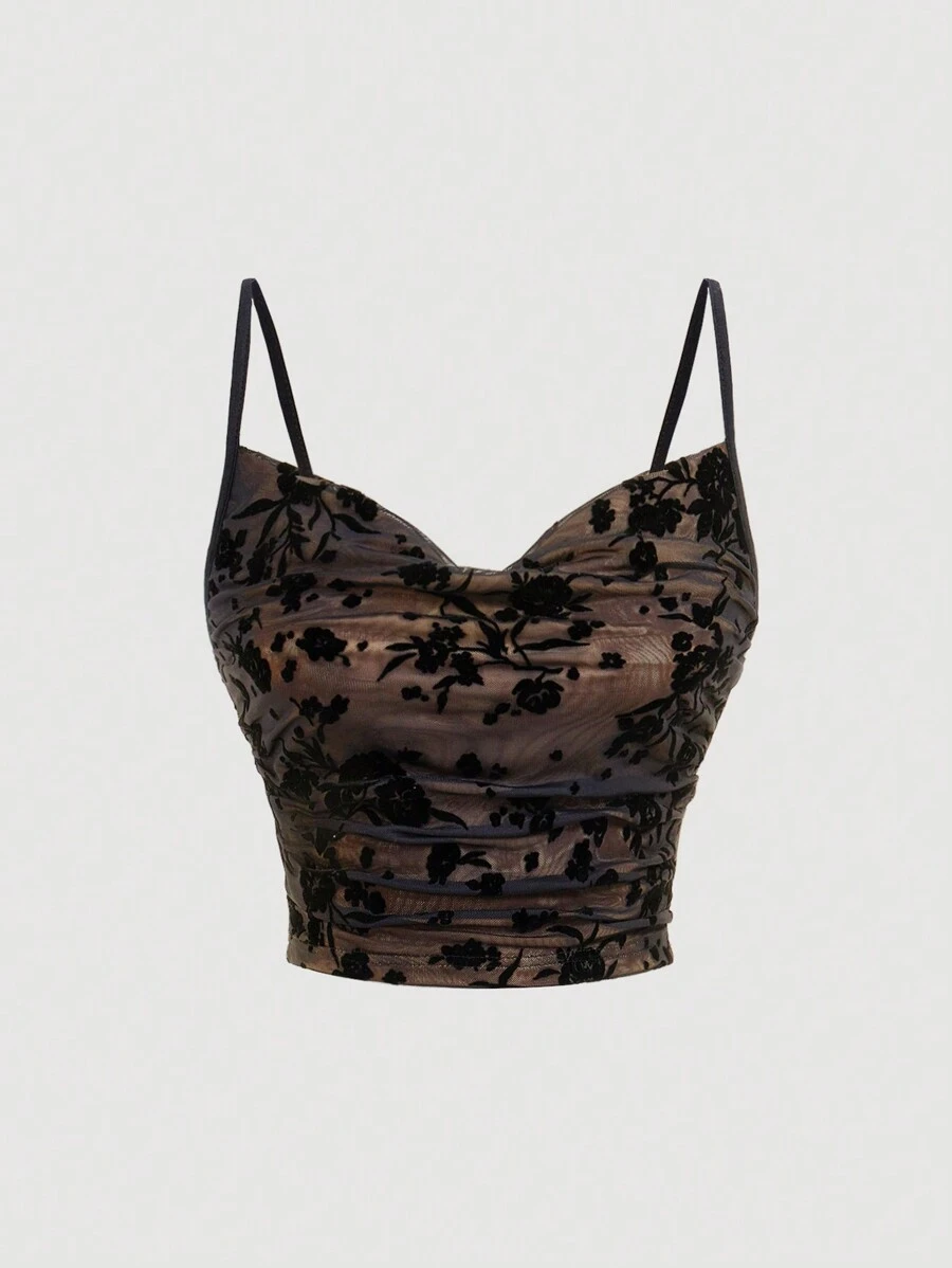 SHEIN MOD Vintage Jacquard Print Ladies Pleated Camisole,Mesh Top,Crop ...