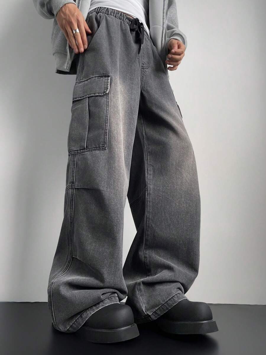 Manfinity EMRG Men's Black Denim Cargo Pants, Loose Fit Baggy Jeans ...