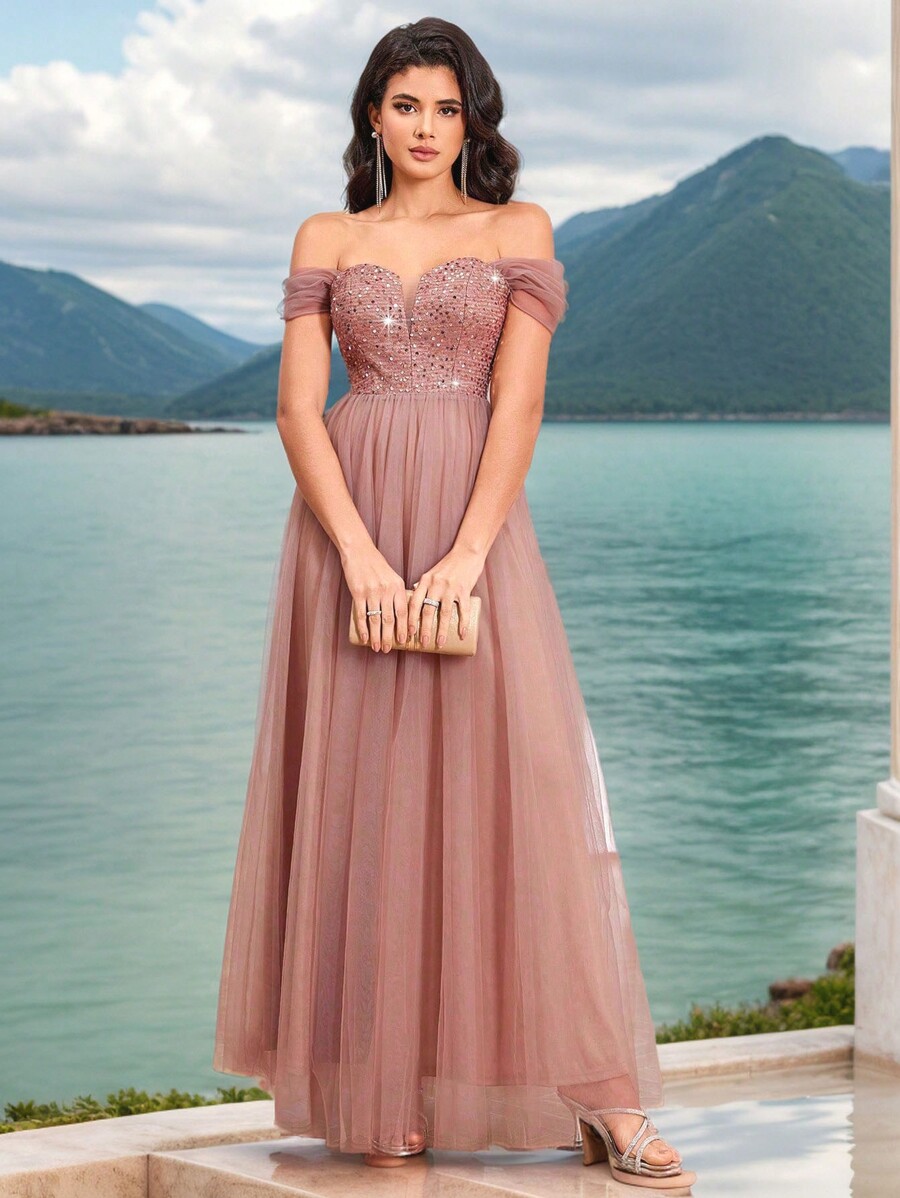 SHEIN Belle Elegant Sequin Off-Shoulder V-Neck Mesh Contrast Prom Dress ...