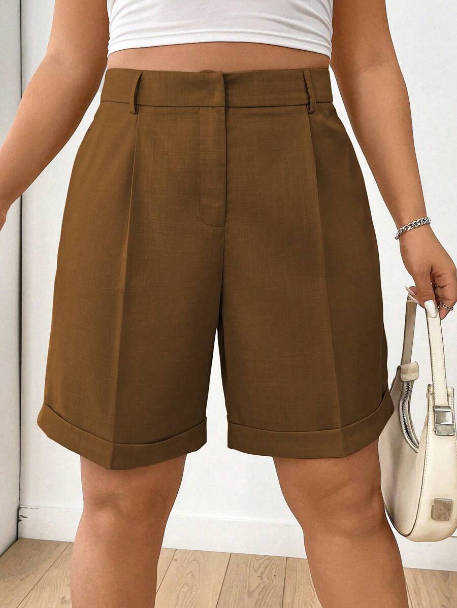 Flirla Plus Size Women's Solid Color Rolled Hem Pleated Loose Casual ...