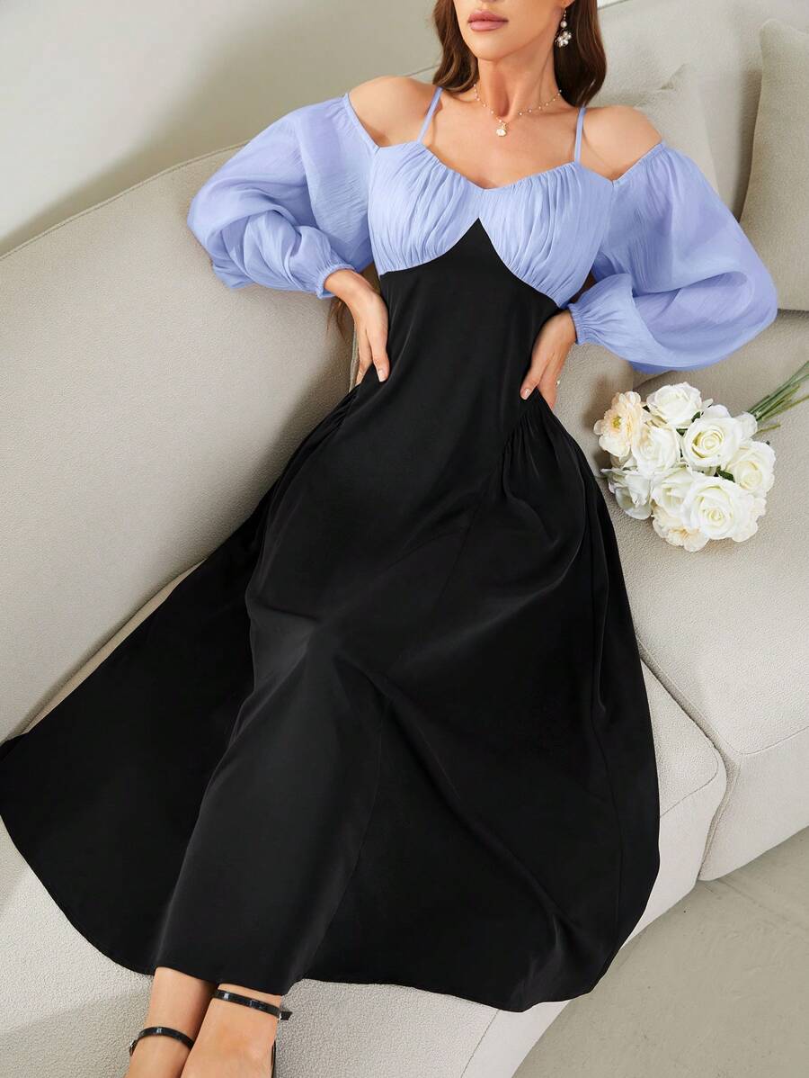 Modelyn Women's Summer Color-Block Cold Shoulder Lantern Sleeve Elegant Dress | SHEIN USA