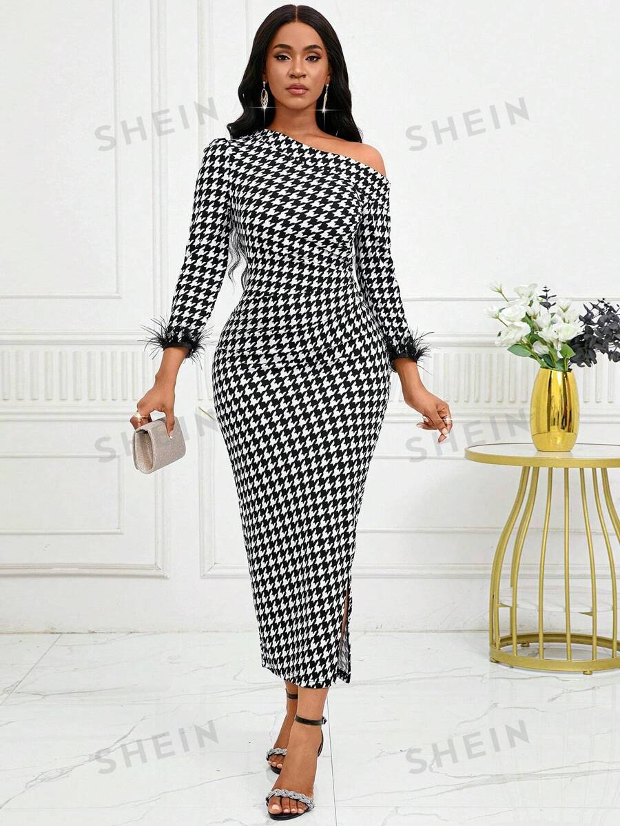 SHEIN Lady Elegant Black & White Checkered Sweetheart Mermaid Midi ...