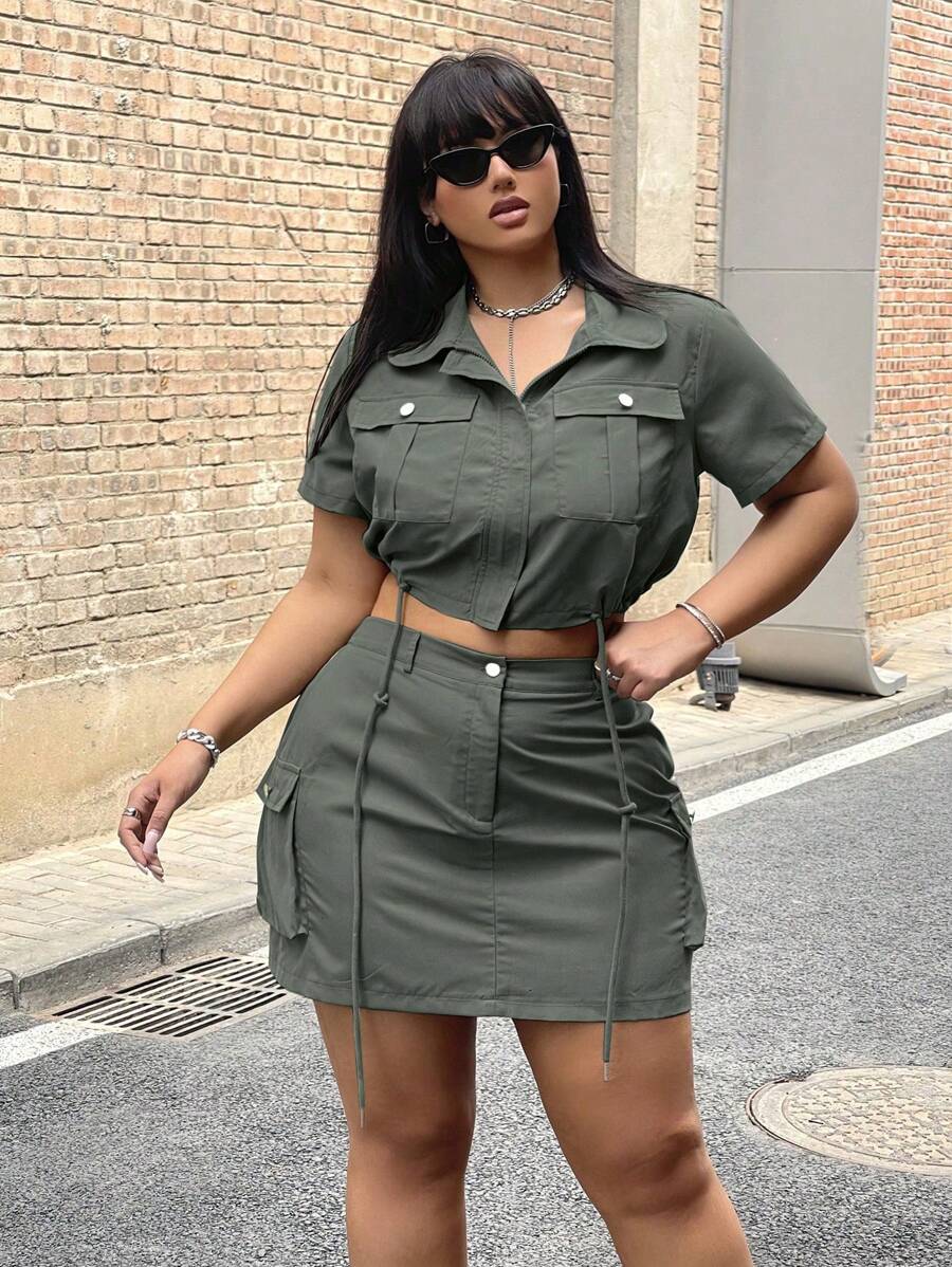 Flirla Plus Flap Pocket Crop Top & Skirt | SHEIN USA