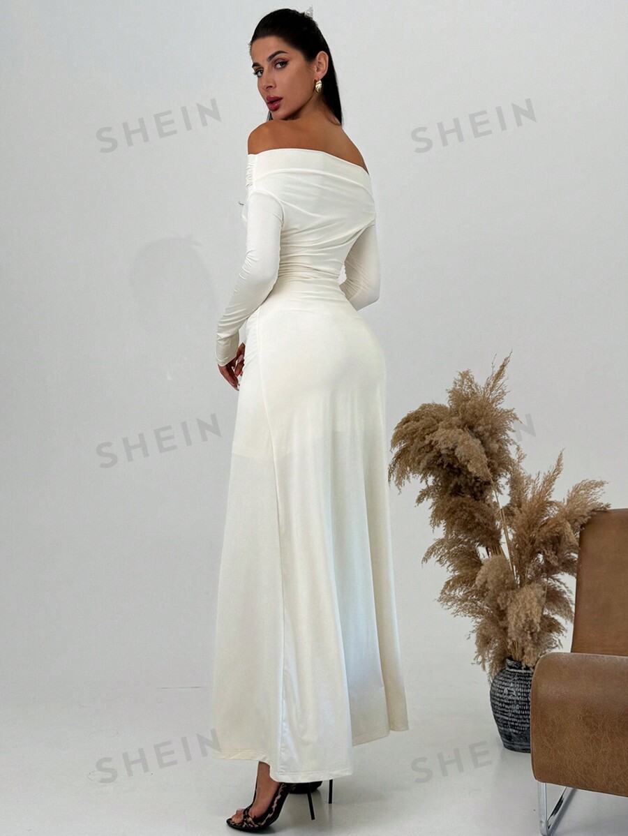 SHEIN Privé Vestido largo asimétrico elegante con hombros con volumen y ...