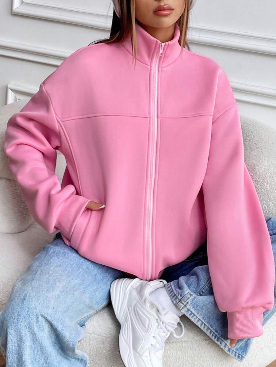 SHEIN Unity 1pc Casual Solid Color Stand Collar Fleece Sweatshirt ...
