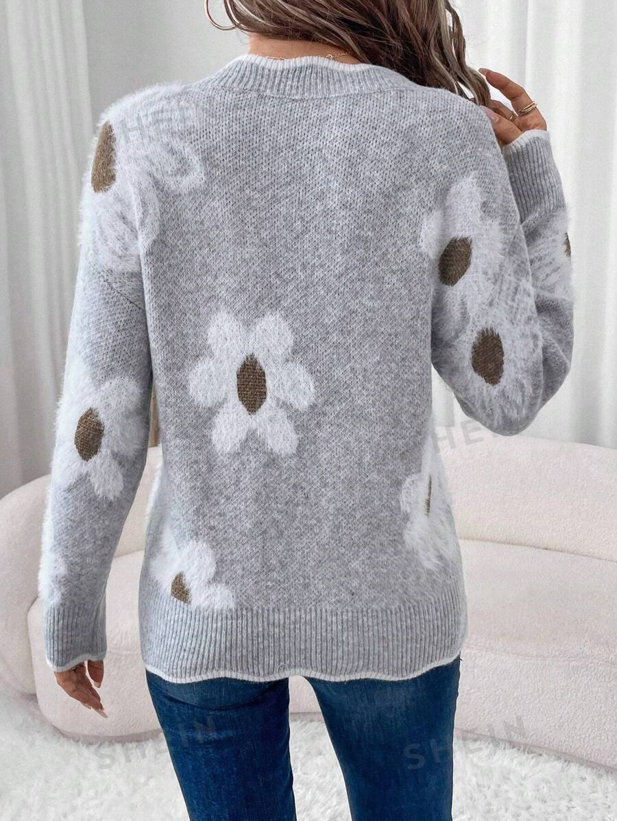 SHEIN LUNE Women Wave Hem Contrast Trim 3D Floral Casual & Office Wear ...