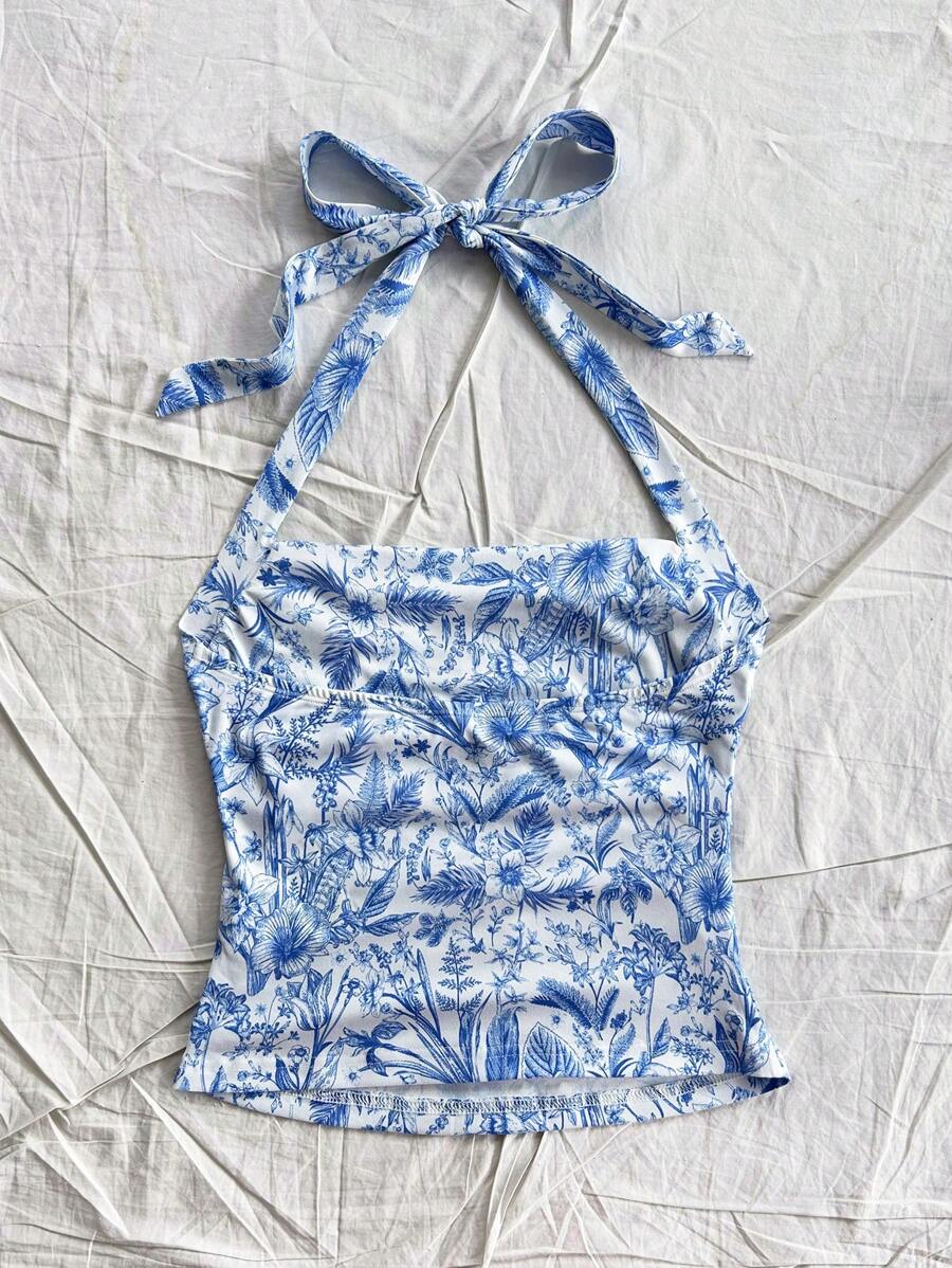 SHEIN WYWH Women Blue & White Floral Print Halter Neck Pleated Camisole ...